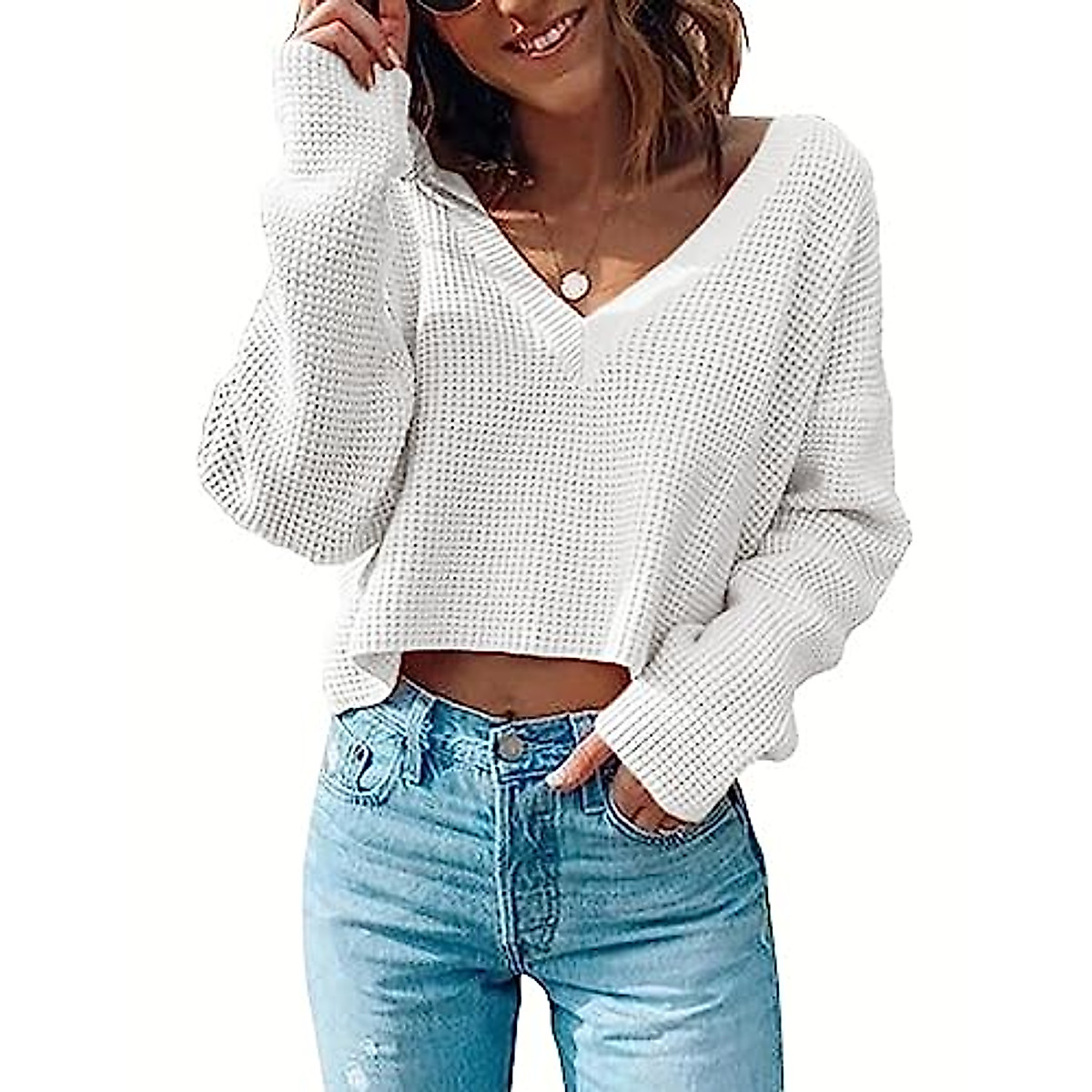Zeagoo Women Waffle Knit Shirts Cropped Long Sleeve Top Fashion V Neck Pullover Sweaters White