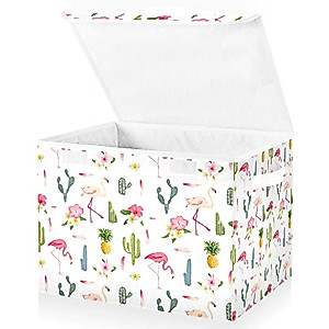innewgogo Tropical Flamingo Cactus Storage Bins with Lids for Organizing Large Collapsible Storage Bins with Handles Oxford Cloth Storage Cube Box for Home