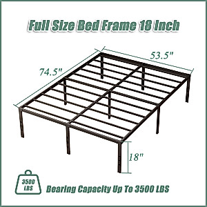 JTPTU Heavy Duty Bed Frame Full Size,18 Inch High Metal Plarform Full Bed Frame No Box Spring Needed,Reinforced Steel Slat Support Full, Easy Assembly, Noise Free,Black Bed Frame Full Size