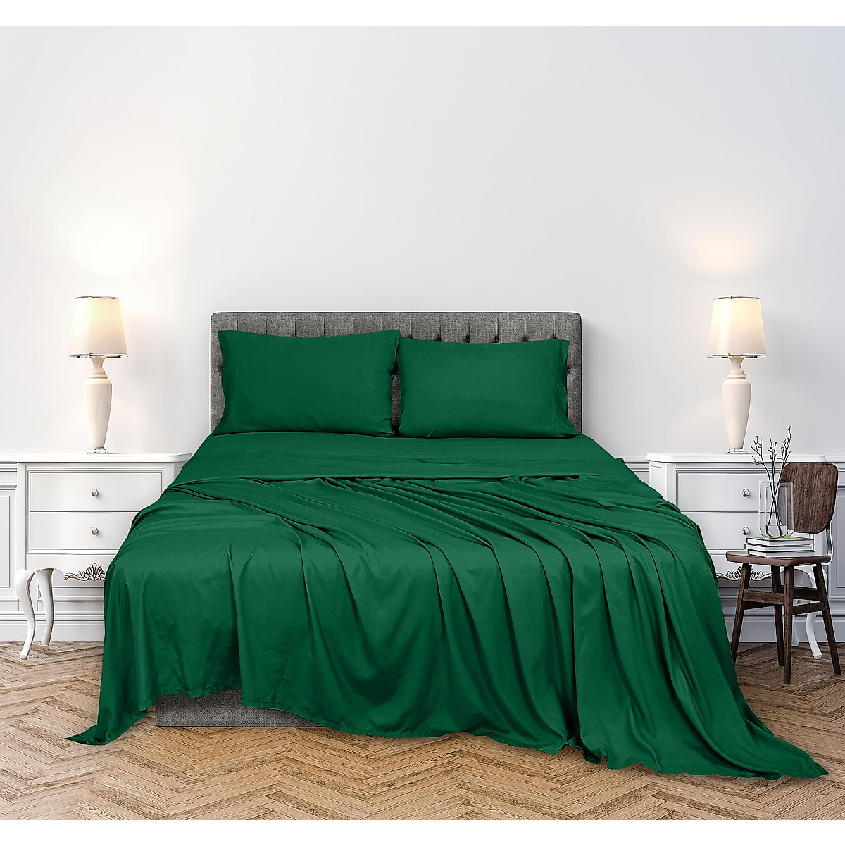 ROYALE LINENS 300 Thread Count 100% Long Staple Combed Cotton Sheet Set - 4 Piece Bed Sheet 1 Fitted Sheet, 1 Flat Sheet, 2 Pillowcase - Breathable Cool & Crisp Percale Sheet Set (Queen, Hunter Green)