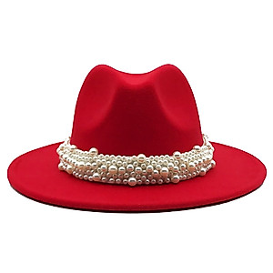 Qkrlamx Black Fedora Hats for Women Wool Panama Hat with Pearl Band Wide Brim Felt Hat Classic Trilby Hat Red