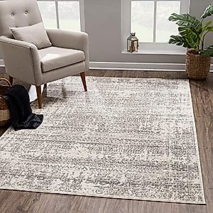 Bloom Rugs Vintage Geometric Cream Gray Area Rug - Boho Distressed 5x7 Rug for Living Room, Bedroom and Kitchen (5'3" x 7'6")