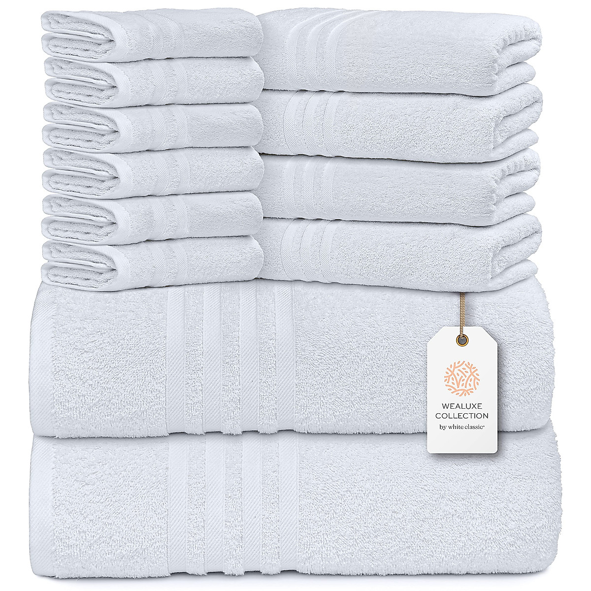 Wealuxe 12 Piece Bath Towel Set for Bathroom - 2 Bath Towels, 4 Hand Towels, 6 Washcloths 100% Cotton Soft and Plush Highly Absorbent, Soft Towel for Hotel & Spa - White