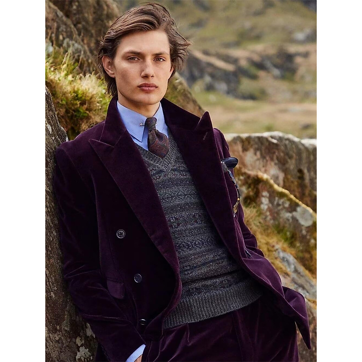 Men's Slim Fit Velvet Blazer Tuxedo 2 Piece Double Breasted Suits for Wedding Prom Grey Size M