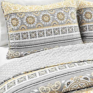 Lush Decor Nesco Stripe Reversible Cotton 3 Piece Quilt Set, King, Yellow & Gray