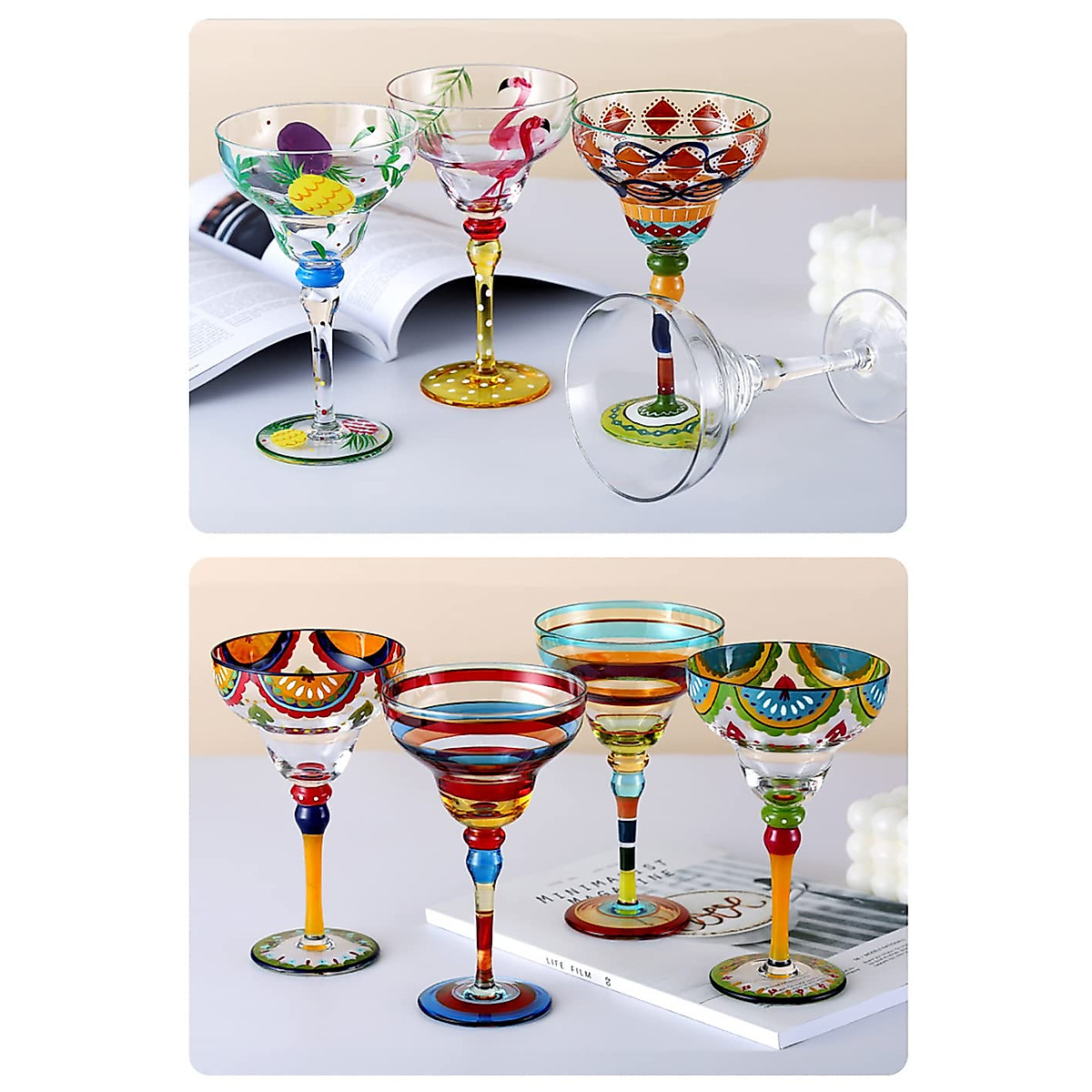 Painted Margarita Glass, Mexican Collection Stemless Margarita Glasses Cup Set Unique/Decorative Hand Blown Glassware Margarita Glasses,D