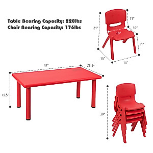 HONEY JOY Kids Table and 4 Chair Set, 48 x 24 Inch Children Rectangular Study Table with Stackable Seats, 4 Pcs Plastic Activity Toddler Furniture Set for Playroom Daycare, Gift for Boys Girls (Red)