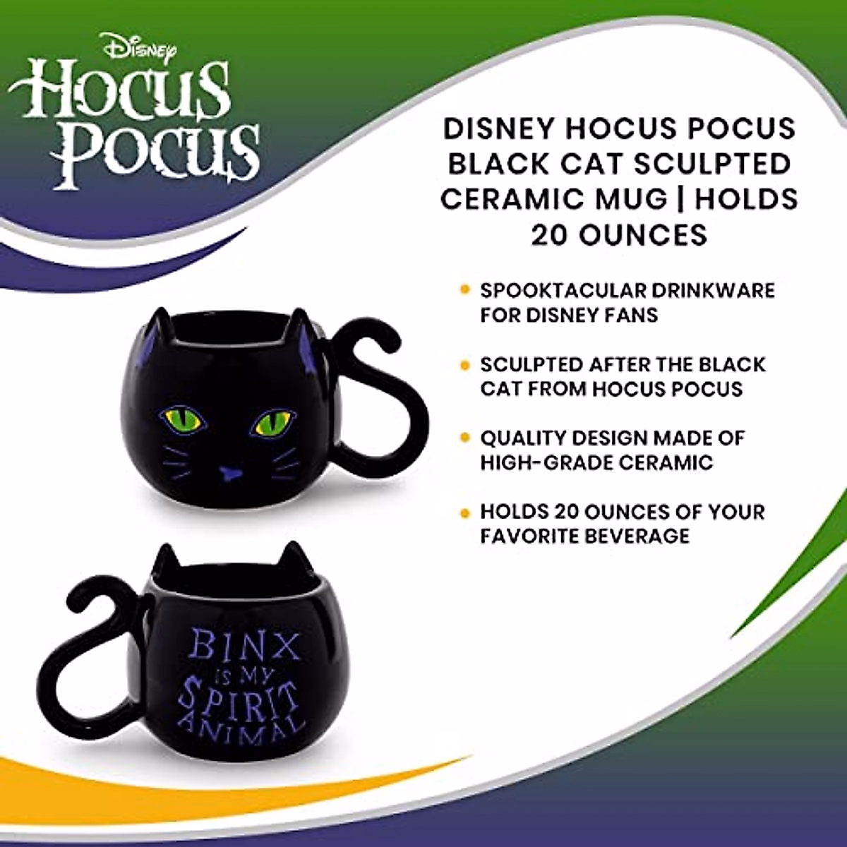 Disney Hocus Pocus Binx Black Cat Sculpted Ceramic Mug | Holds 20 Ounces