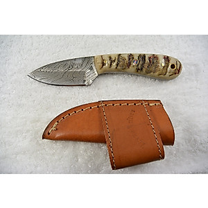 Texan Knives Damascus Steel Short Skinner Knives Fixed Blade Knife with Sheep's Horn Handle Includes Leather Sheath, 6.75" L