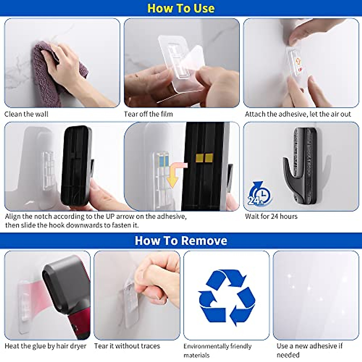 ALOCEO Wall Sticky Hooks for Hanging Shower Hooks for Bathroom Kitchen Office Closet, 5 Pack 6 Adhesive Strips, Black