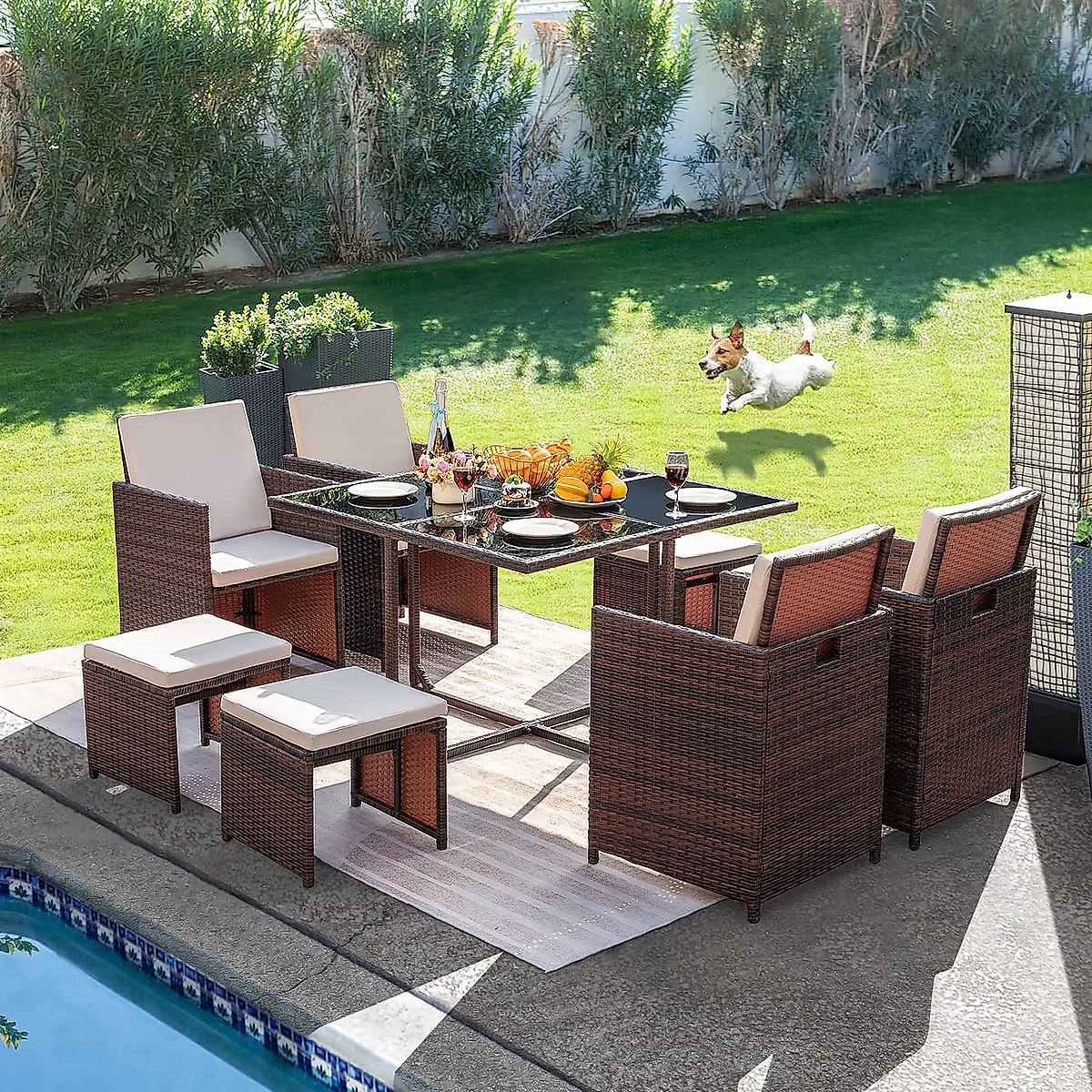 Homall 9 Pieces Dining Outdoor Furniture Patio Wicker Rattan Chairs and Tempered Glass Table Sectional Conversation Set Cushioned with Ottoman (Brown)