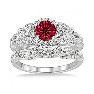 JeenJewels 1.25 Carat Ruby & Diamond Vintage Floral Bridal Set Engagement Ring on White Gold (Ruby and Diamond Wedding Ring Set for Women)