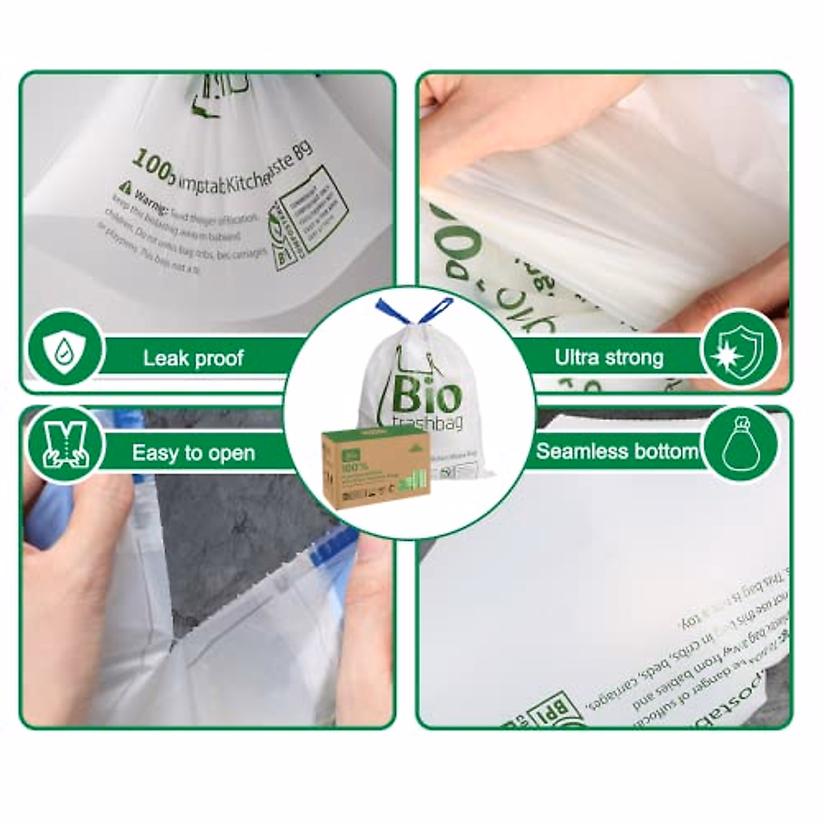 8 Gallon Compostable Trash Bags, 50 Count Drawstring Trash Bags Biodegradable, Heavy Duty Extra Thick Compost Bags, Kitchen Food Scrap Waste Bag, US BPI and OK Compost Home Certified