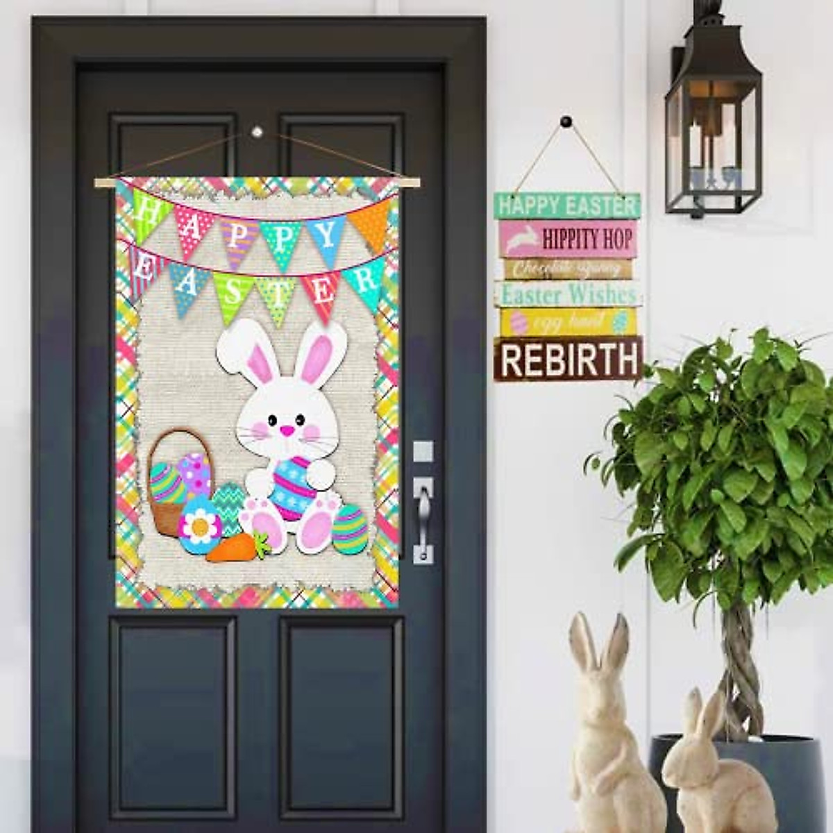 Surfapans Happy Easter Bunny House Flag 28x40 Inch Double Sided Outside Burlap Easter Rabbit Eggs Outdoor Large Yard Flags Porch Home Holiday Decoration