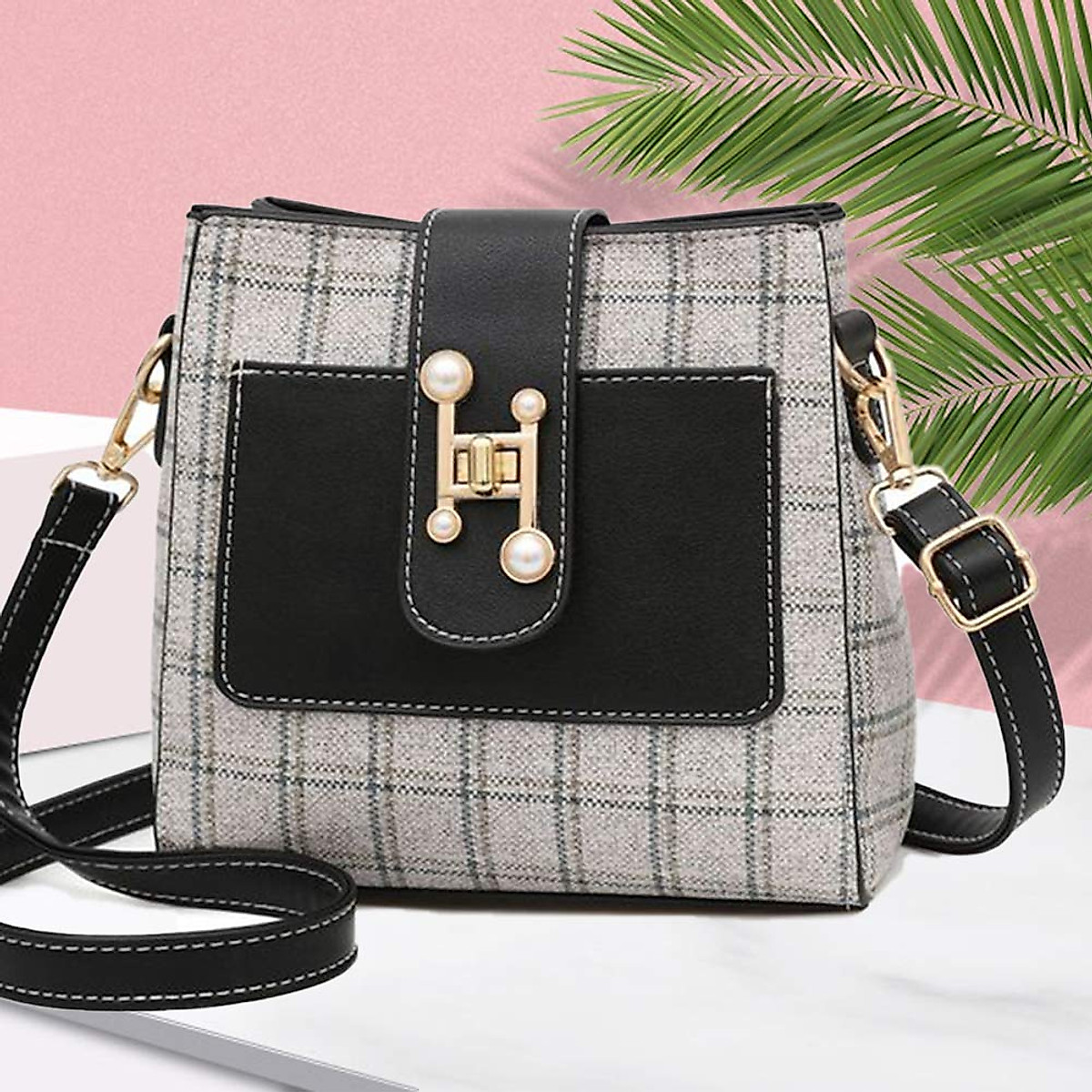 Bestsent Women's PU Leather Crossbody Bag Plaid Shoulder Purse (off-white Plaid Black)