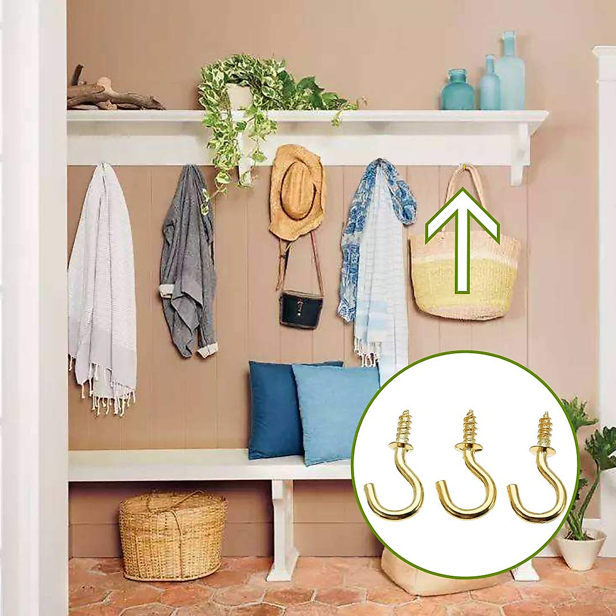 LANSEYQO Mini Ceiling Screw Hooks, 50 Pcs (3/4 inch) Hanging Cup Hooks Brass Plated Screw-in Hooks for Hanging Plants Mug Arts Decorations, Gold