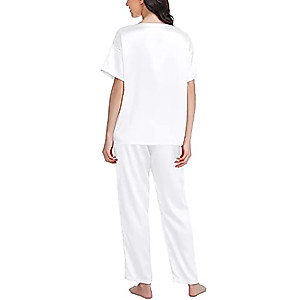SWOMOG Pajamas Satin Pajamas Short Sleeve Silk Pjs Loungewear Long Pajama Pant Set Ladies Pajamas for Women Two Piece Pajama Set M White