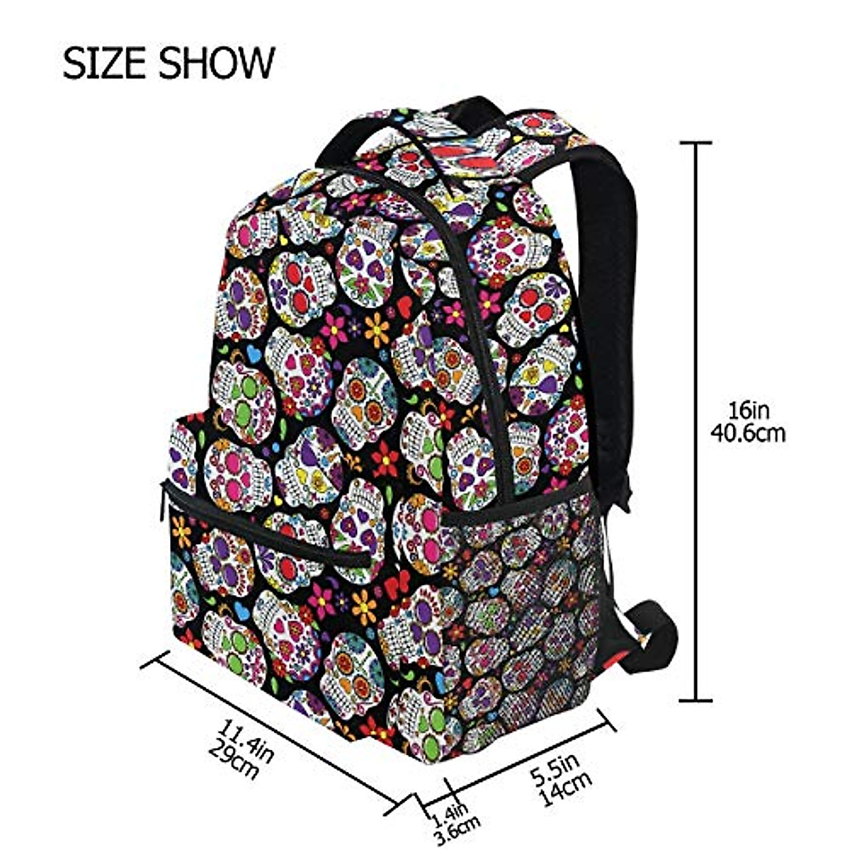 Aflyko Sugar Skulls School Bookbag Laptop Backpack Travel Hiking Daypack for teens 16 x 11.4 x 6.9 Inch