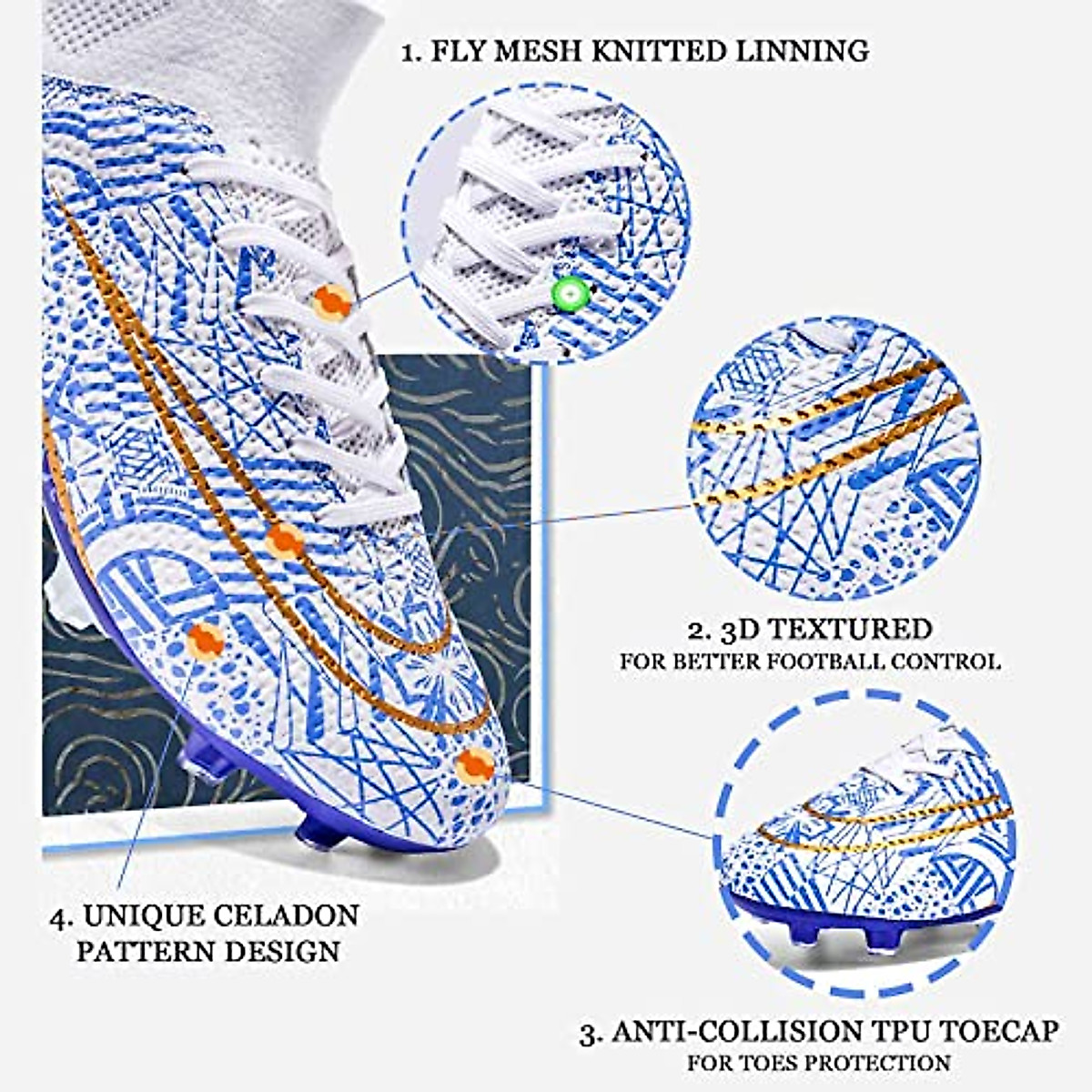 Men's Soccer Cleats High Top AG Spikes Indoor Outdoor Baseball Ankle-Cuff Boots Athletic Professional Firm Ground Turf Non-Slipping Football Sneaker