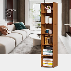 MoNiBloom Tall Slim Narrow Bookcase Bamboo 6 Tier Free Standing Tall Bookshelf Display Storage Shelves Collection Décor Furniture for Home Living Room Study Room, Brown