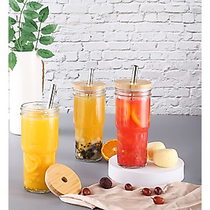 ASANMEYO 2 Pcs 24 oz Glass Cups With Bamboo Lids and Straws & 2 Airtight Lids, Reusable Smoothie Cup Mason Jar Drinking Glasses Iced Coffee Cups Glass Tumbler for Bubble Tea, Juice, Gift