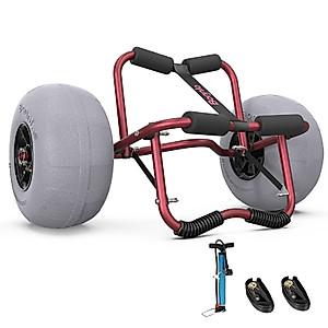 Bonnlo Kayak Cart Trolley Canoe Paddle Board Boat Cart Carrier Dolly with 12" Big Beach Wheels Balloon Kayak Transport Wheels Cart Foldable, Free Pump, 2 Ratchet Straps- Perfect for Soft Sand (Red)