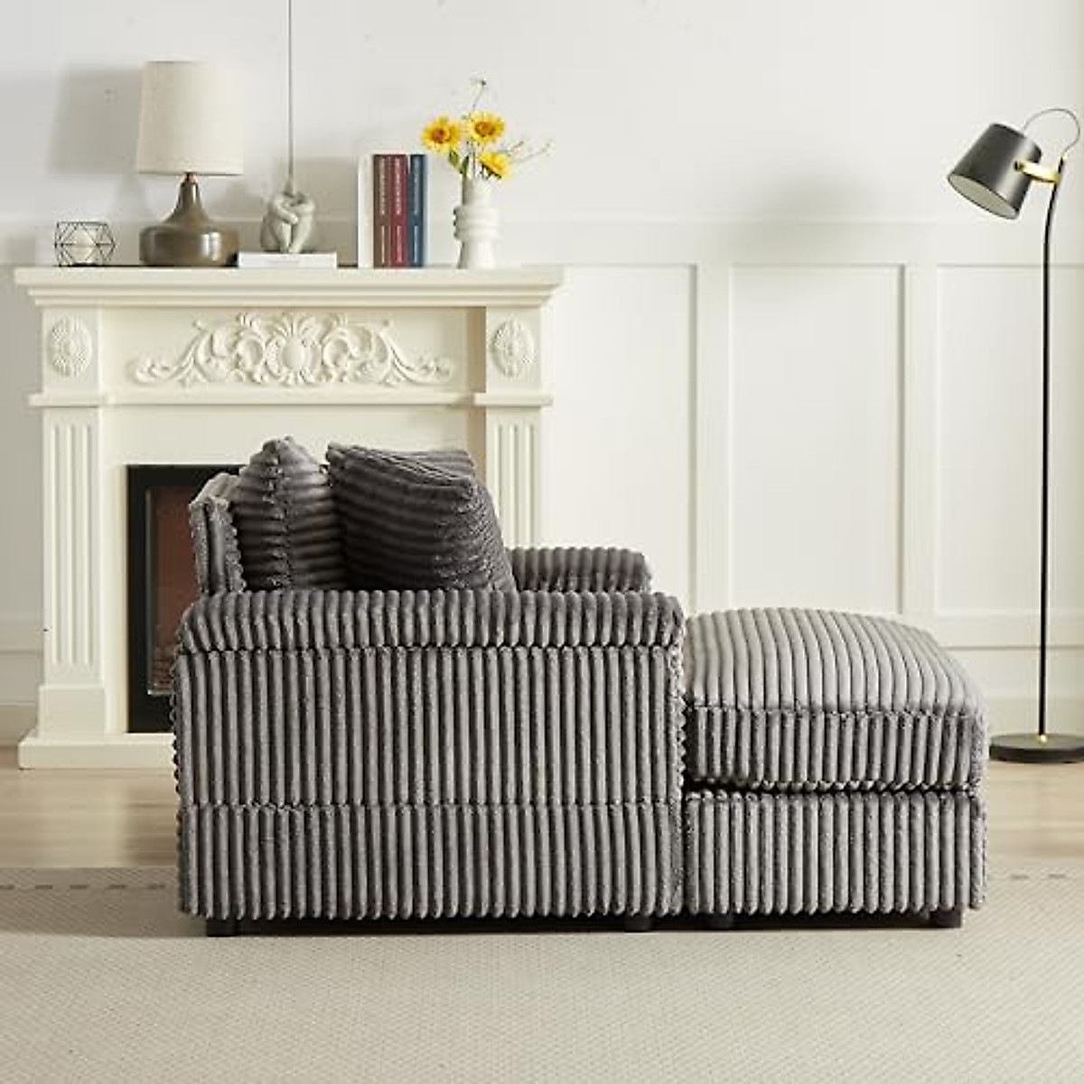 Eafurn Oversized Corduroy Sleeper Sofa,Comfy Thicked Upholstered Padded Chaise Longue with Ottoman,Soild Wood Reclining Chair Daybed,Deep Seat Convertible Couch Bed for Living Room Office