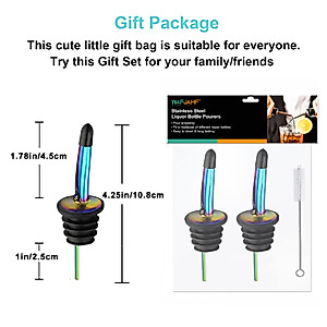 WAFJAMF 2 Pcs Liquor Pour Spouts, Stainless Steel Liquor Bottle Pourers with Rubber Dust Caps & Cleaning Brush,for Pours Liquid, Olive Oil, Wine (Rainbow)