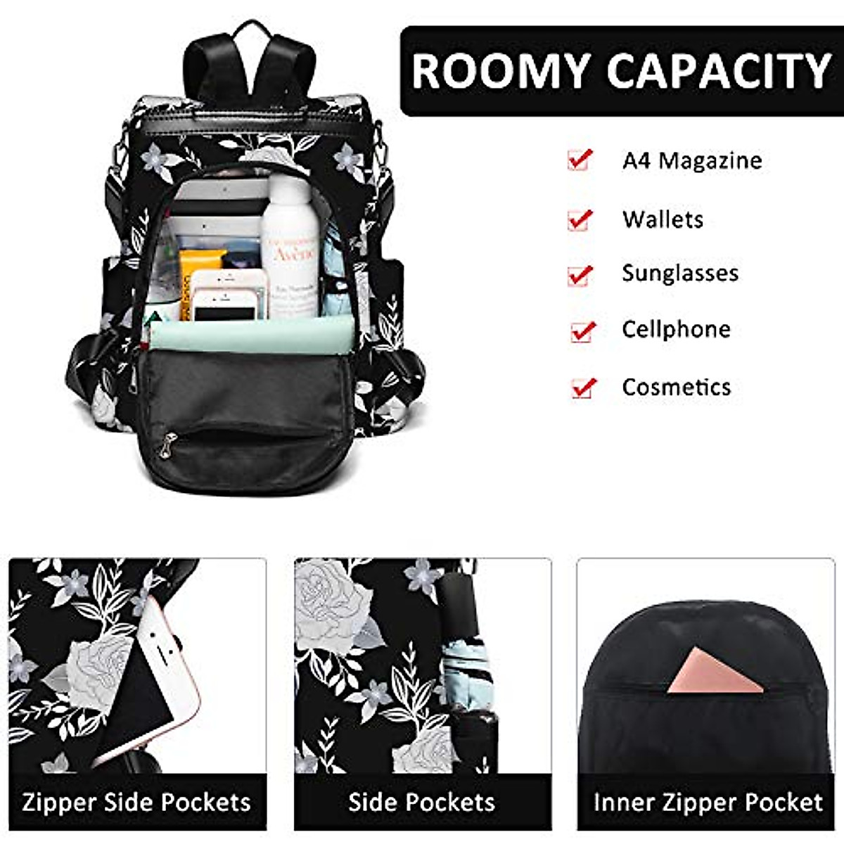 College Backpack Nylon Backpack Purse for Women Anti Theft Travel Backpacks Waterproof Crossbody Bag Convertible Backpack Fashion Book Bags Shoulder Bag Flower Mochilas de mujer