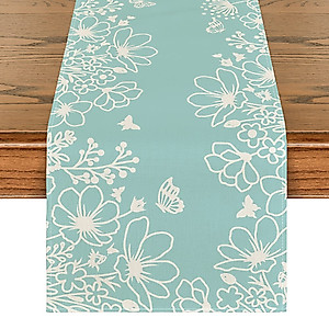 Artoid Mode Blue Bloom Flowers Butterfly Spring Table Runner, Seasonal Holiday Kitchen Dining Table Decoration for Home Party Indoor 13x48 Inch