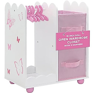 Emily Rose Doll Furniture | USA Business | 18 Inch Doll Clothes Closet Accessory - Wooden Doll Accessories Toy Playsets | 5 Free Wooden 18" Doll Hangers and 2 Large Storage Bins - Butterfly