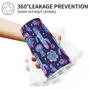 KIOWEIR Neon Cactus And Flowers Stainless Steel Tumbler 20oz With Lid And Straw, Insulated Tumblers Coffee Cup, Travel Mug for Ice Drink & Hot Beverage for Women Men Boys Girls