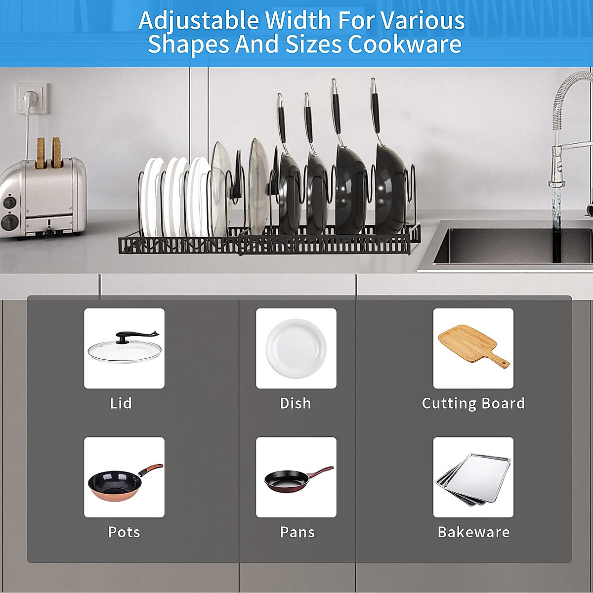 Pot Rack Organizer for Under Cabinet-Expandable Pots and Pans Organizer with 10 Dividers & 2 DIY Methods,Pots Lid Organizer Holder for Kitchen Cookware,Cookie Sheet Organizer Rack for Cabinet