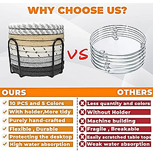 KNWOBL 10 Pcs Drink Coasters with Holder,Absorbent Drink Coasters,Handmade Braided Drink Coasters,Super Absorbent Heat-Resistant Coasters,5 Colors