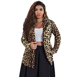 WDIRARA Women's Plus Size Leopard Print Lapel Collar One Button Party Club Blazer Multicolor 1XL