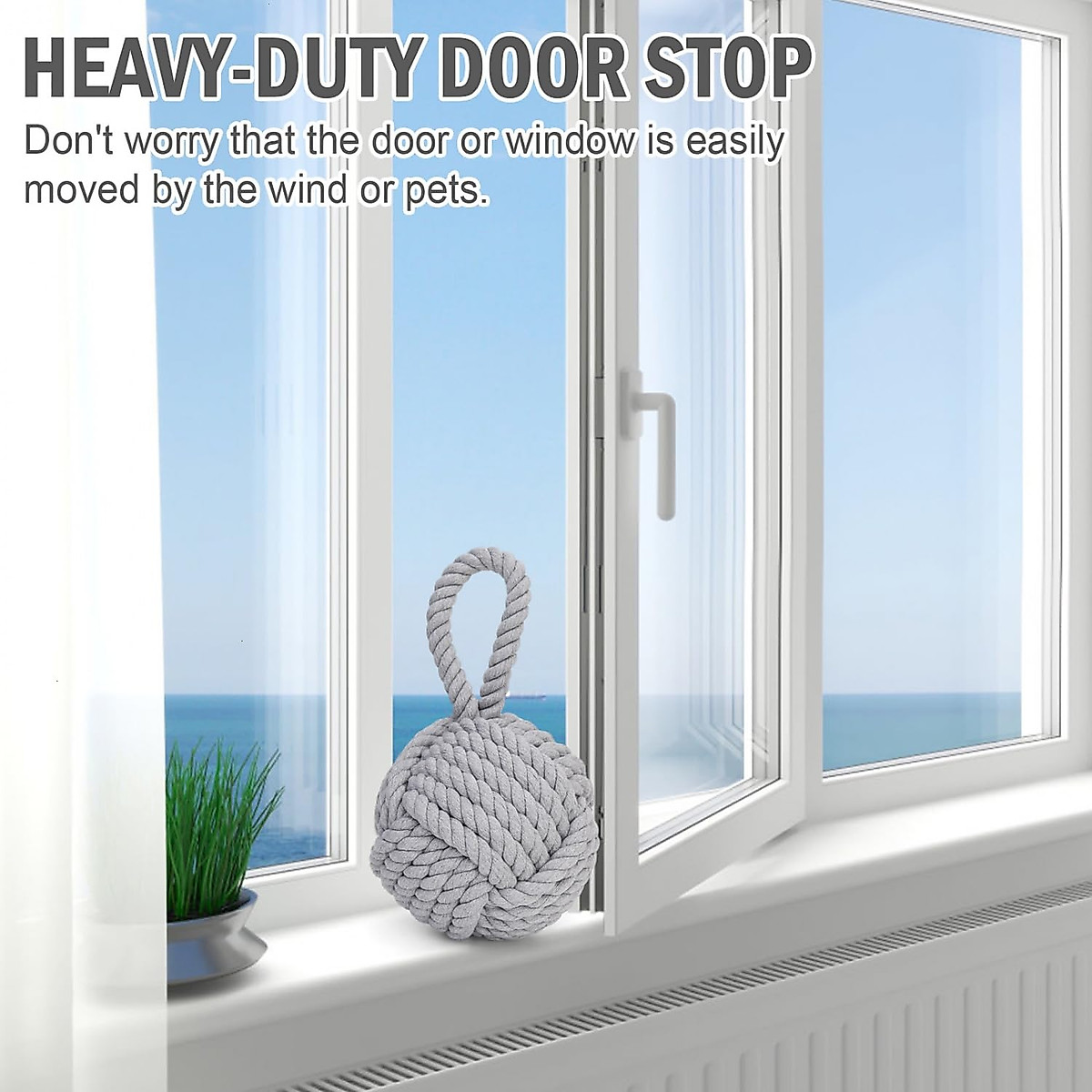 Pomeat Decorative Door Stop, Rope Door Stop, Weighted Door Stopper, Knot Nautical Door Stop, Heavy Doorstop for Bedroom, Living Room Door, Window Wedge, Bookend 6.25 inch (White)
