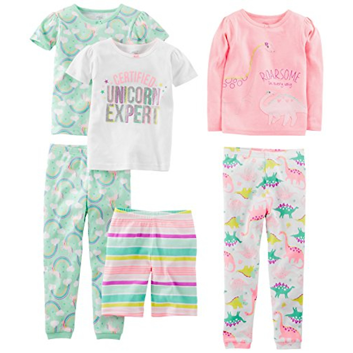 Simple Joys by Carter's Baby, Toddler and Girls' 6-piece Snug Fit Cotton Pajama Set, Dinosaur/Rainbow/Unicorn, 5T