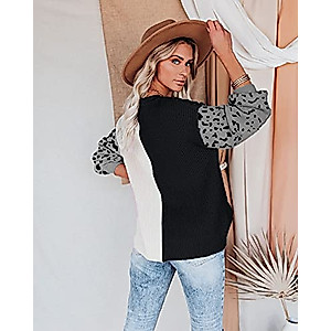 ANCAPELION Women’s V Neck Sweater Pullover Leopard Long Sleeve Basic Color Block Jumper Casual Knitted Tops Leopard Grey XX-Large