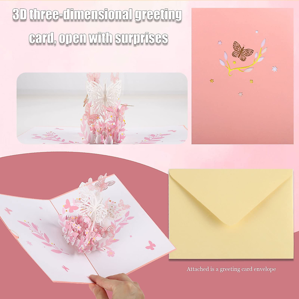 Pop Up Butterfly Birthday Card with Envelopes,3D Flying Butterflies Flower Birthday Cards，Handmade Colorful Popup Greeting Cards, For Birthday, Valentines Day,7.8x5.9 inch (Pink butterfly)