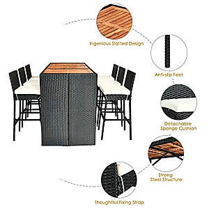 Tangkula 7 PCS Outdoor Dining Set, Patio Wicker Furniture Set with Acacia Wood Bar Table Top and Removable Cushion, Conversation Set for Patios, Backyards, Porches, Gardens and Poolside (Black)