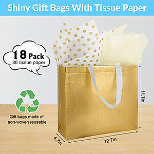 18pcs Gold Gift Bags with Tissue Paper, Shiny Gift Bags Large Size with Handles, Glossy Reusable Gift Bags for presents, Glitter Party Bag for Wedding Birthday Shower Christmas 12.7 x 4.7x11 inches