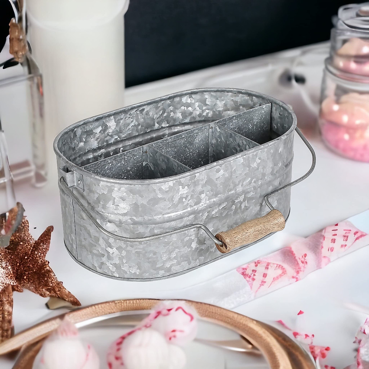 Alpha Living Home Utensil Caddy, Silverware Caddy Party, Silverware Caddy, Picnic Caddy, Flatware Caddy, Paper Plate Caddy, Galvanized Utensil Caddy, Utensil Caddy for Countertop 13.5 inch- Natural