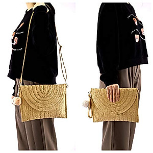 Ayliss Women Straw Shoulder Handbag Crossbody Clutch Purse Handbag Evening Summer Beach Handmade Woven Evenlope Straw Bag (Khaki)
