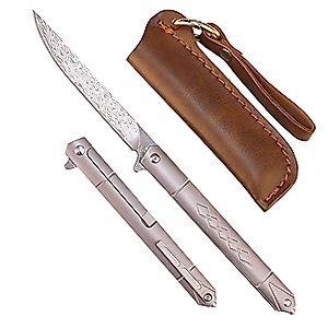 Samior GD035 Small Slim Folding Pocket Flipper Knife, 3.5 inches VG10 Damascus Tanto Blade, Slender Grey Titanium Handle Frame Lock Pocket Clip, Gentleman's EDC Knives