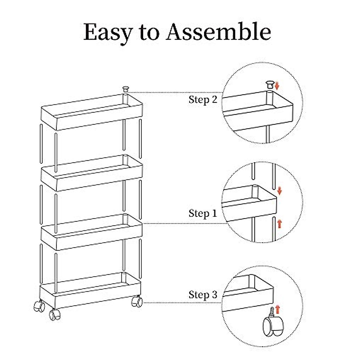 DILUOOU 4 Tier Slim Storage Cart, Mobile Shelving Unit Organizer Slide Out Rolling Storage Racks with Wheels, for Kitchen Bathroom Laundry Room Narrow Places