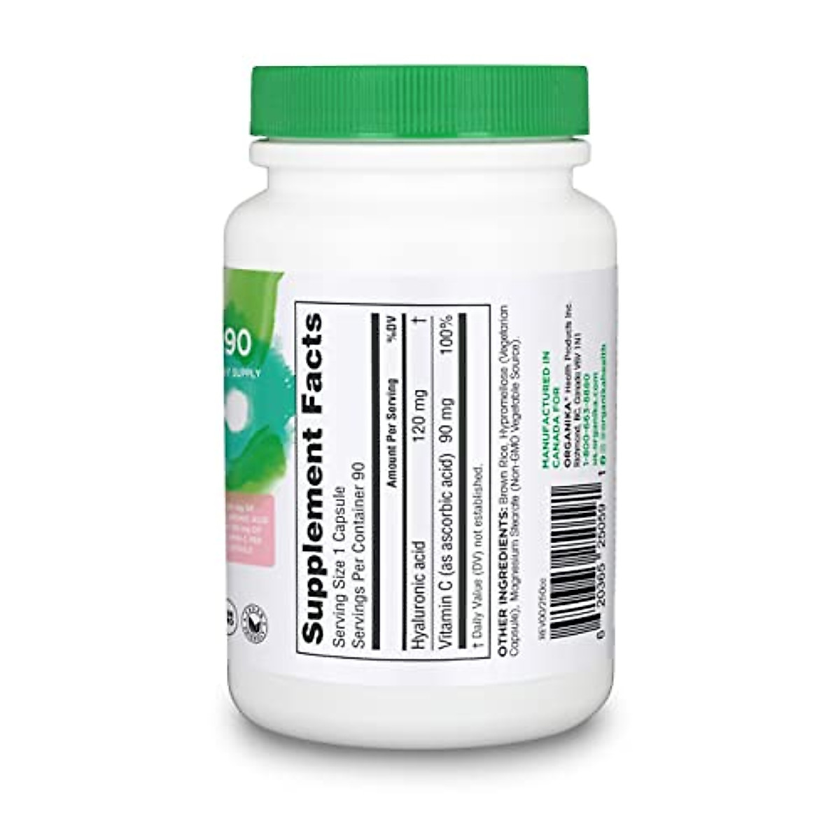 Organika Hyaluronic Acid with Vitamin C 120mg- Collagen Formation, Joint Health, Skin Hydration- 90vcaps