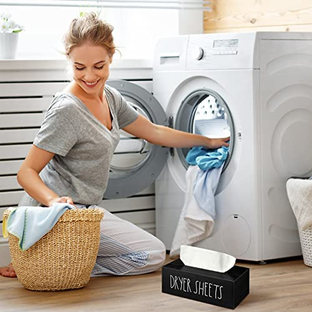 Dryer Sheet Holder Dispenser Container Dryer Sheet Storage Box for Laundry Room Decor Light Luxury Style Fabric Softener Dispenser for Organizing Decorations (Black,Wood)