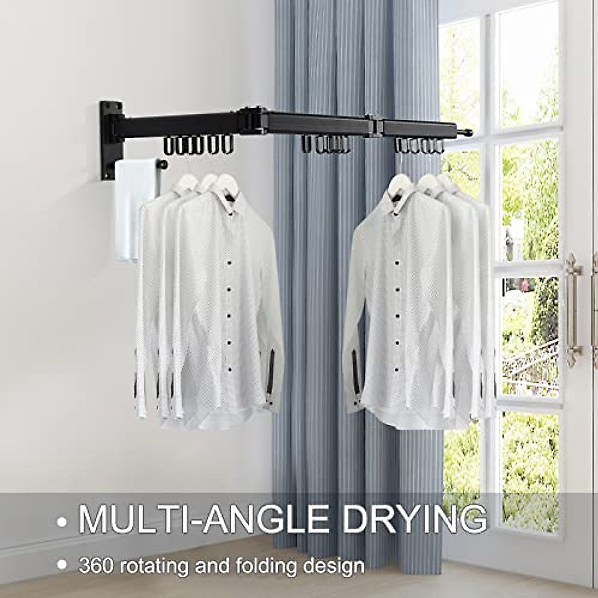 SUTINE Wall Mounted Clothes Drying Rack Folding Indoor, Collapsible Laundry Drying Rack Space-Saver, Heavy Duty Drying Rack Clothing with Hanger Storage Bar for Balcony, Bathroom, Bedroom
