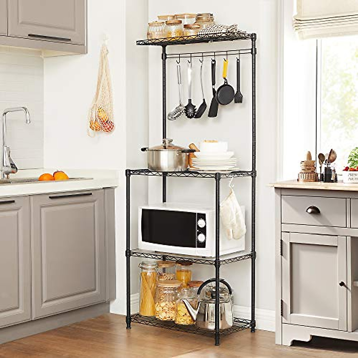SONGMICS Kitchen Baker’s Rack, Adjustable Microwave Stand, Space-Saving Storage Rack with 4 Shelves 6 Hooks, for Pots, Pans, Spice Bottles, in the Kitchen, Apartment, Studio, Black ULGR040B01