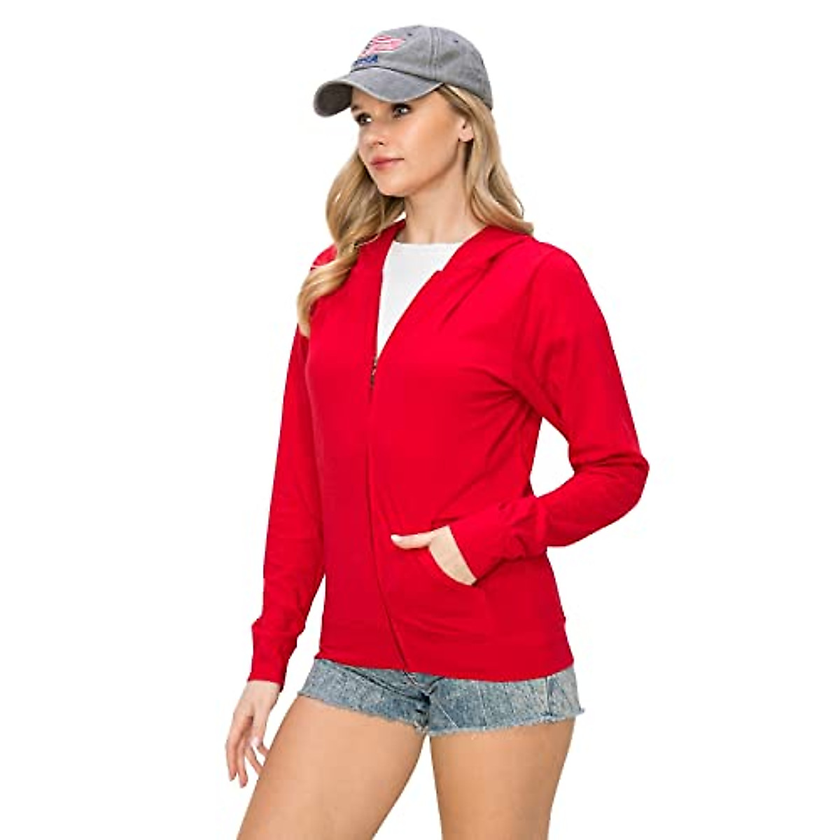 LALAPARKS Lightweight Cotton Zip-Up Hoodie Jacket - Comfy Casual Active Plain Everyday Wear - Red Large